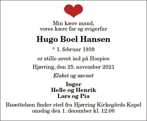 Dødsannonce for Hugo Boel Hansen | Nordjyske.dk