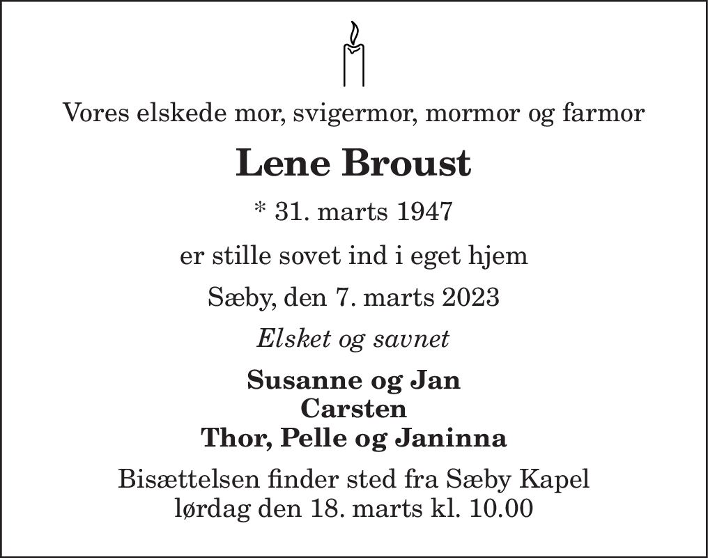 Dødsannonce for Lene Broust | Nordjyske.dk