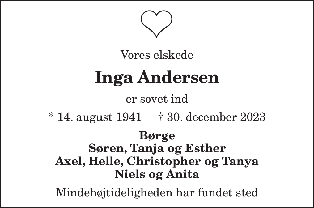 Dødsannonce for Inga Andersen | Nordjyske.dk