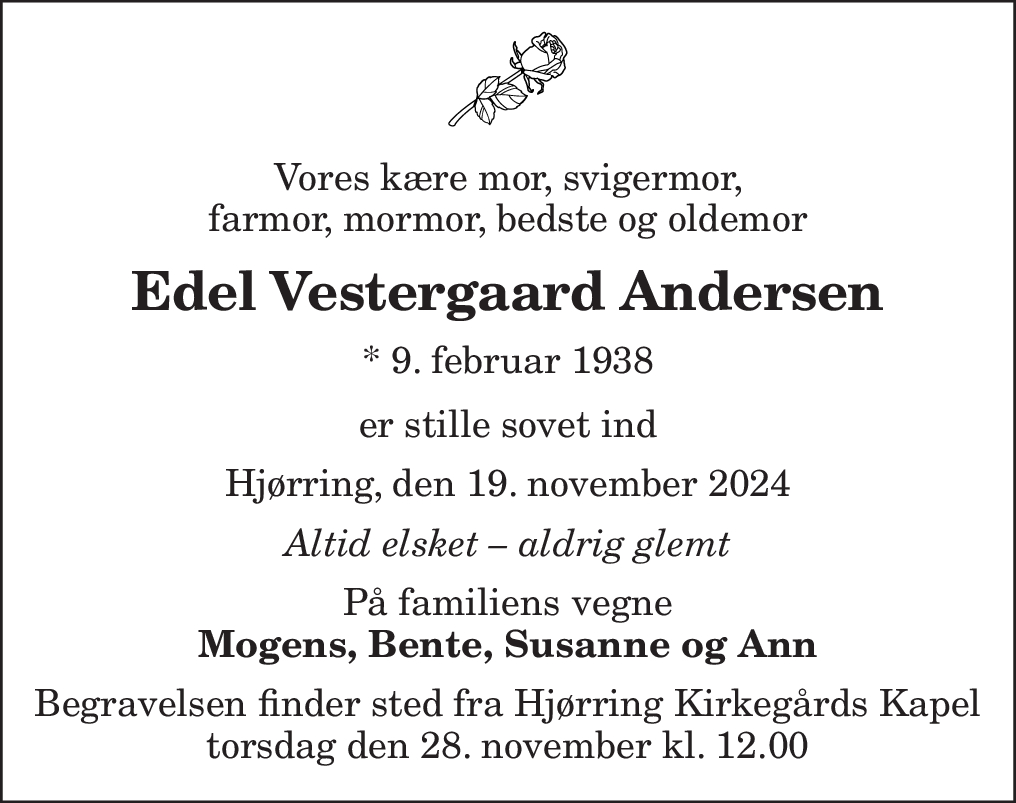Dødsannonce for Edel Vestergaard Andersen | Nordjyske.dk