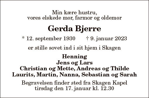 Dødsannonce for Gerda Bjerre | Nordjyske.dk