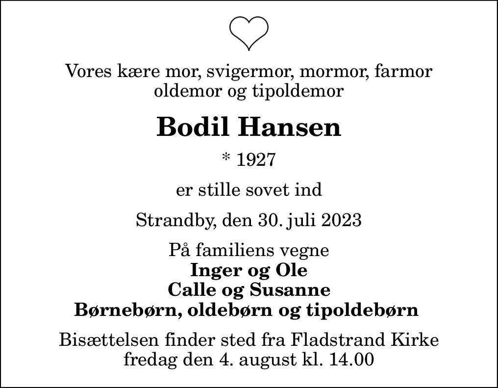 Dødsannonce for Bodil Hansen | Nordjyske.dk