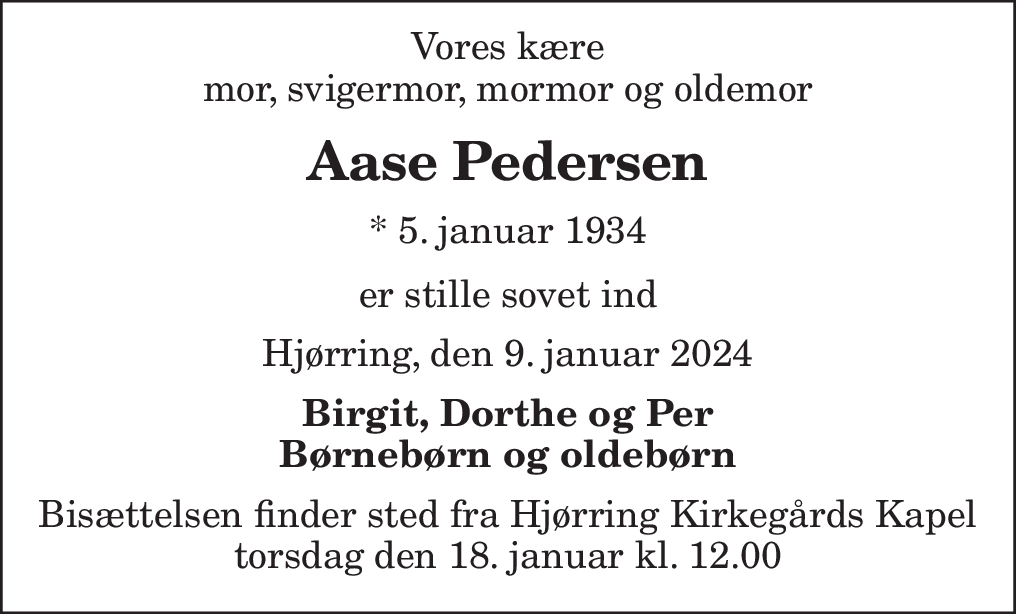 Dødsannonce for Aase Pedersen | Nordjyske.dk