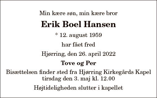 Dødsannonce for Erik Boel Hansen | Nordjyske.dk