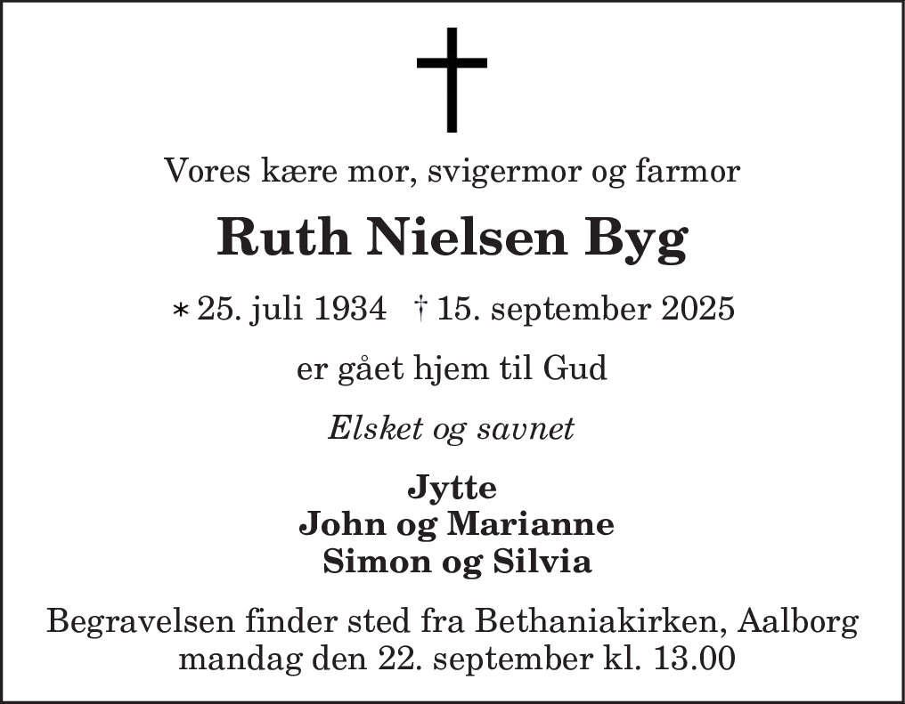 Dødsannonce for Ruth Nielsen Byg | Nordjyske.dk