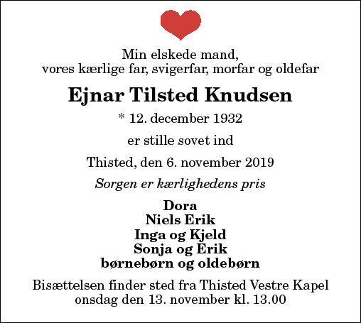 Dødsannonce for Ejnar Tilsted Knudsen | Nordjyske.dk