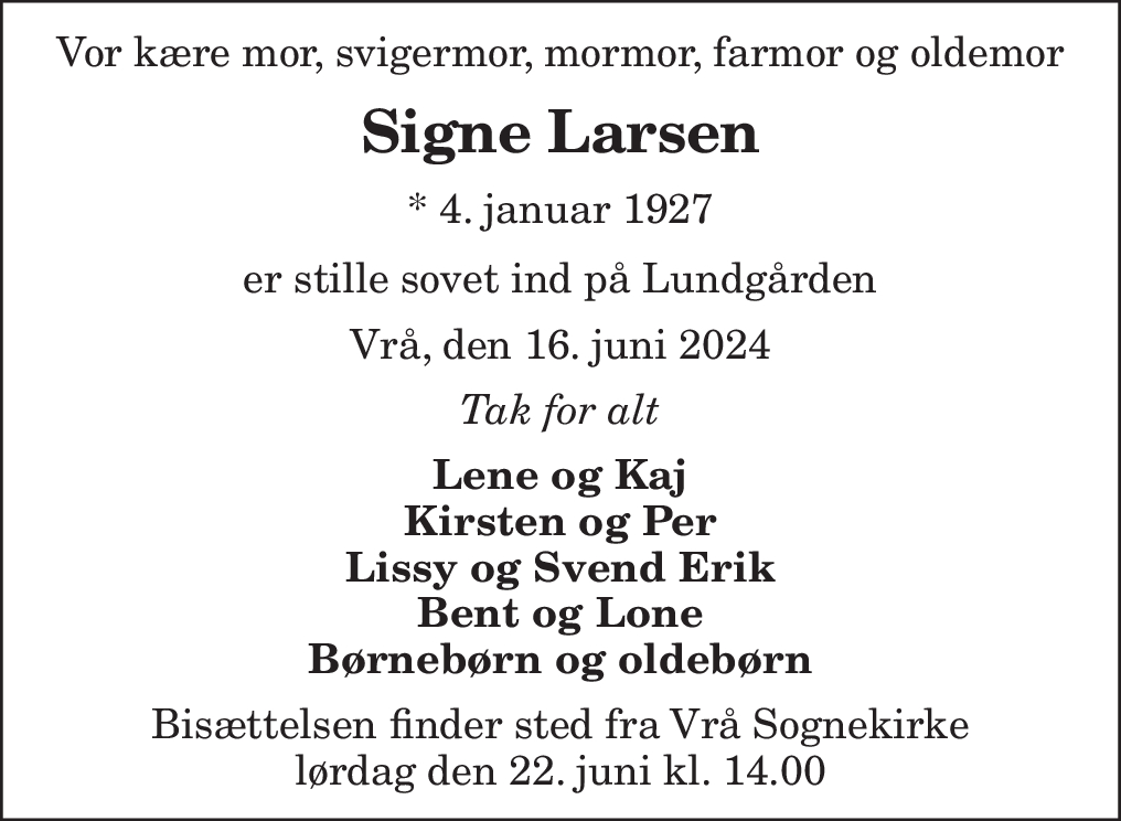 Dødsannonce for Signe Larsen | Nordjyske.dk