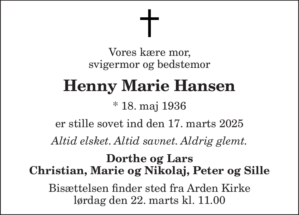 Dødsannonce for Henny Marie Hansen | Nordjyske.dk