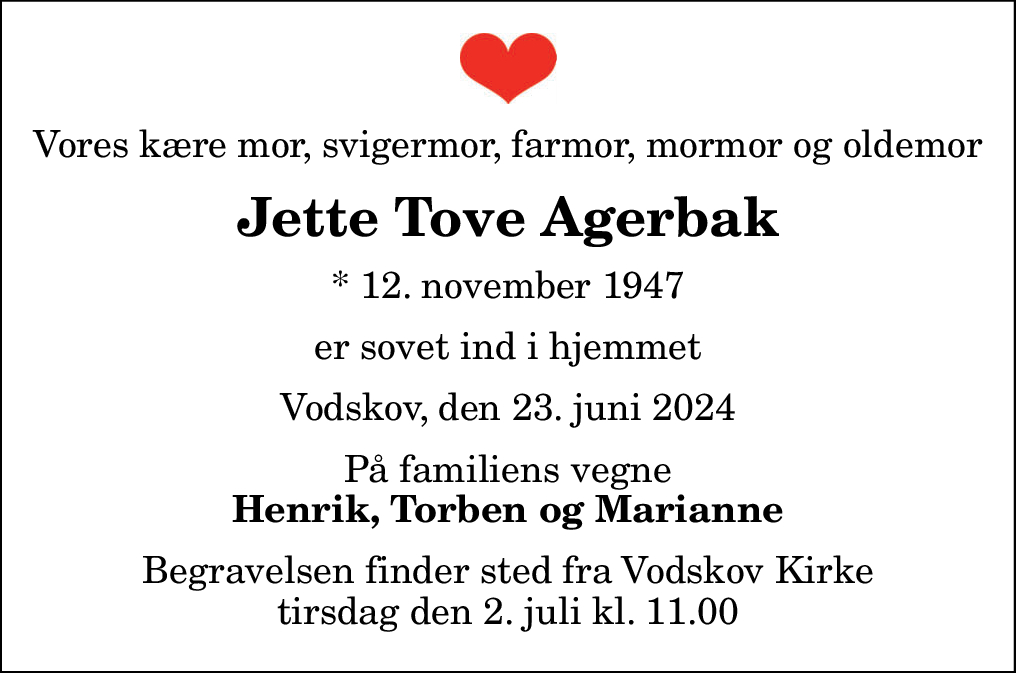 Dødsannonce for Jette Tove Agerbak | Nordjyske.dk