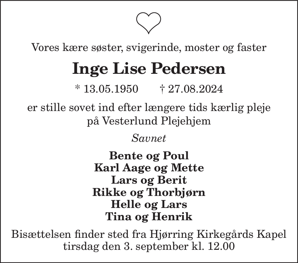 Dødsannonce for Inge Lise Pedersen | Nordjyske.dk