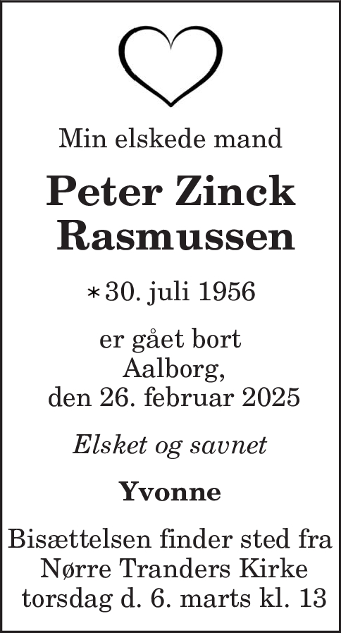 Dødsannonce for Peter Zinck Rasmussen | Nordjyske.dk