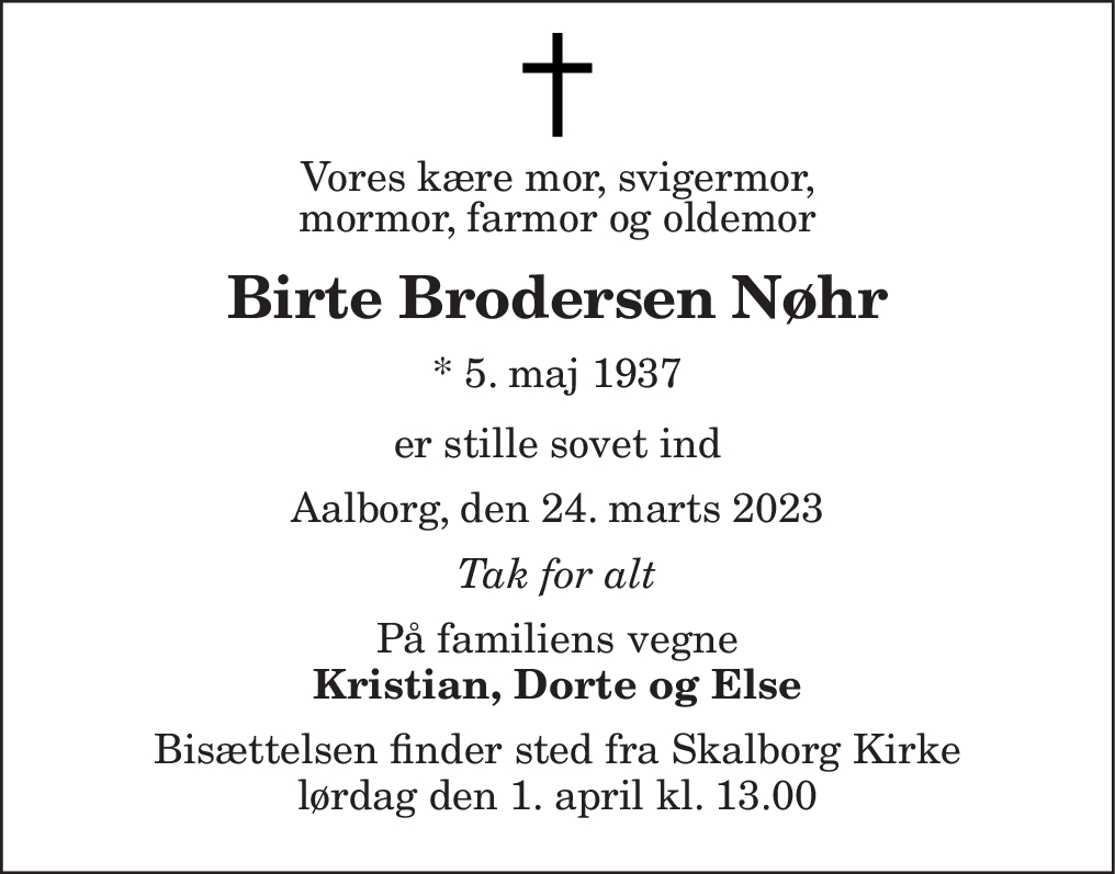 Dødsannonce for Birte Brodersen Nøhr | Nordjyske.dk