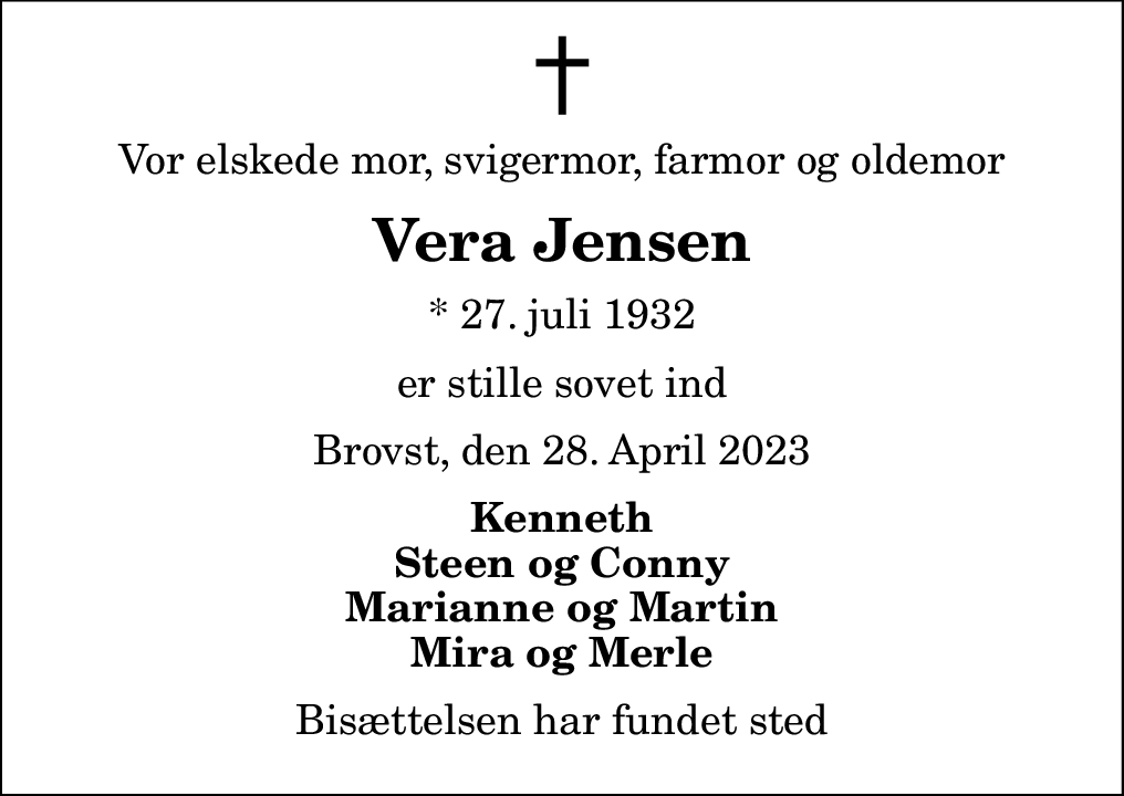 Dødsannonce for Vera Jensen | Nordjyske.dk Dødsannonce for Vera Jensen | Nordjyske.dk