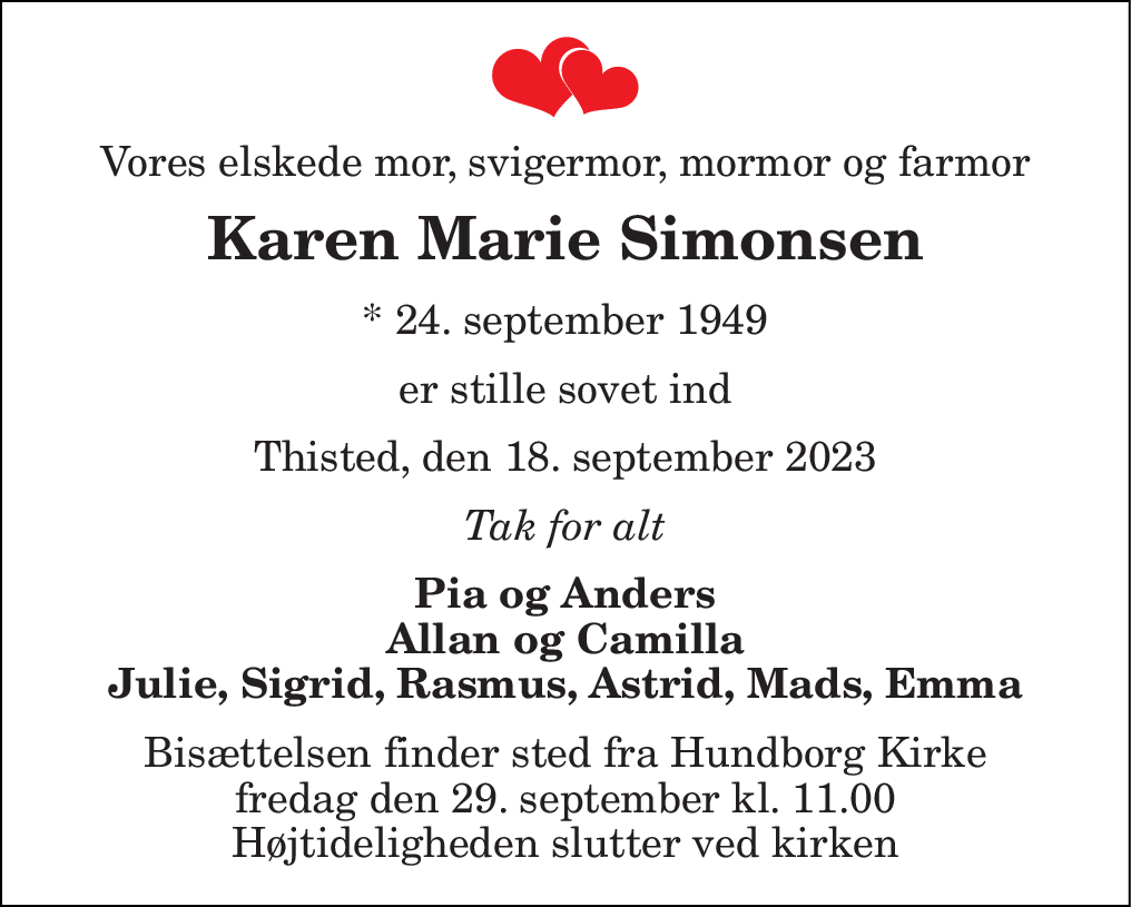 Dødsannonce for Karen Marie Simonsen | Nordjyske.dk