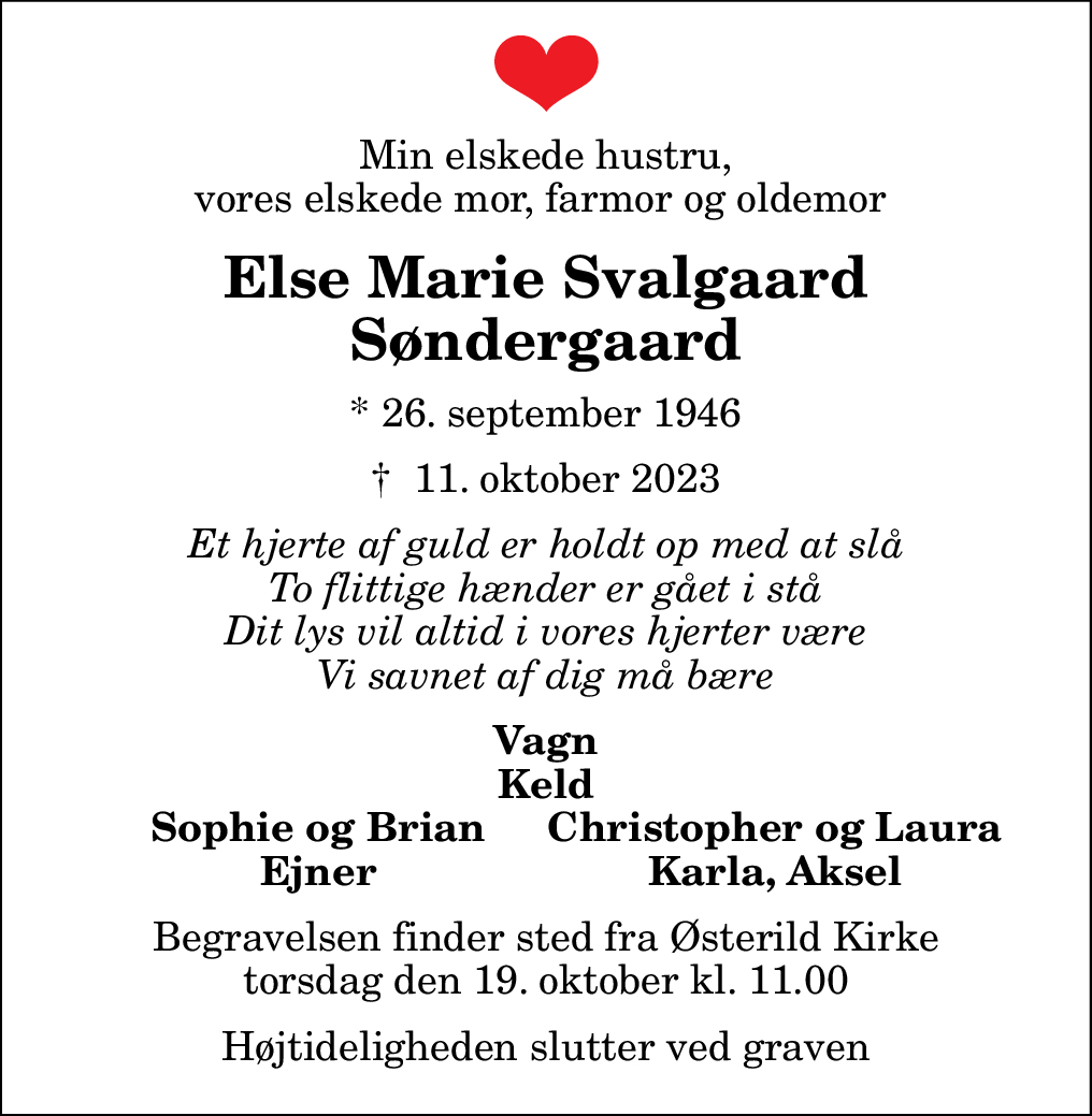 Dødsannonce for Else Marie Svalgaard Søndergaard | Nordjyske.dk