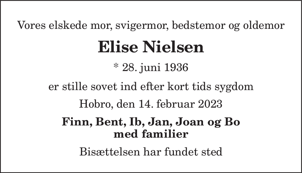 Dødsannonce for Elise Nielsen | Nordjyske.dk