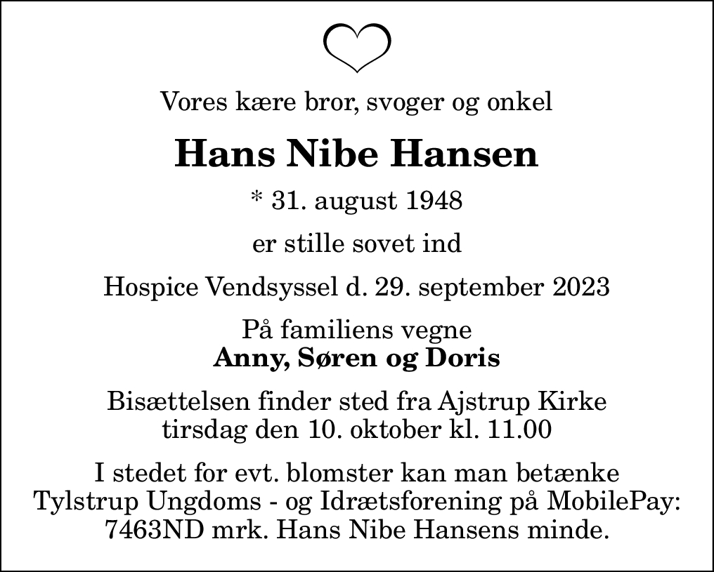 Dødsannonce for Hans Nibe Hansen | Nordjyske.dk