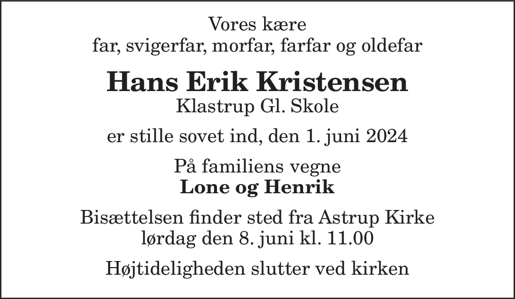 Dødsannonce for Hans Erik Kristensen | Nordjyske.dk