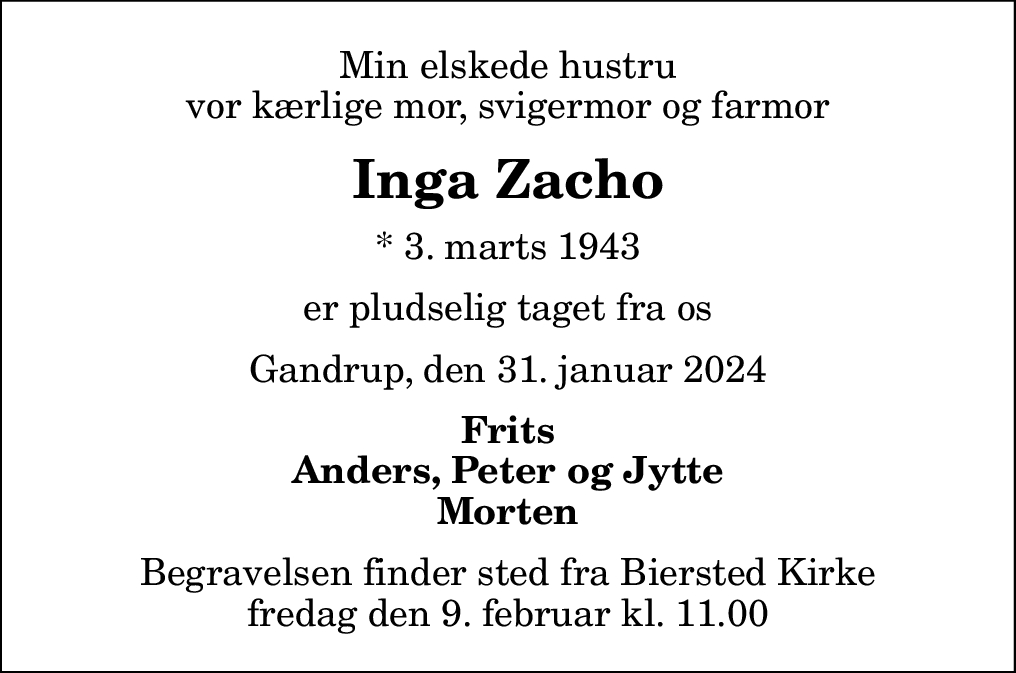 Dødsannonce for Inga Zacho | Nordjyske.dk