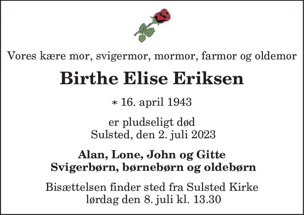 Dødsannonce for Birthe Elise Eriksen | Nordjyske.dk