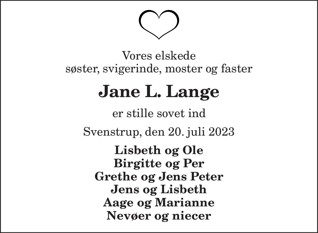 Dødsannonce for Jane L. Lange | Nordjyske.dk