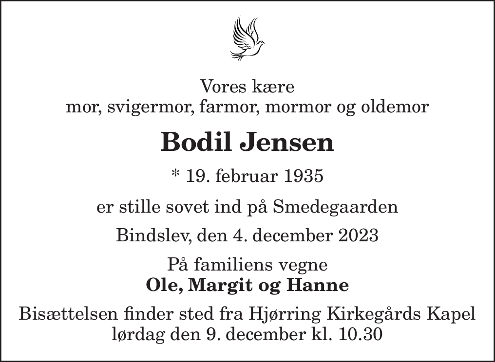 Dødsannonce for Bodil Jensen | Nordjyske.dk