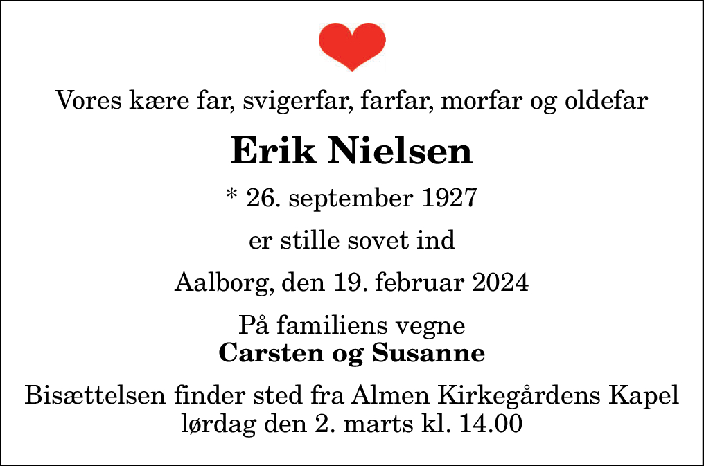 Dødsannonce for Erik Nielsen | Nordjyske.dk
