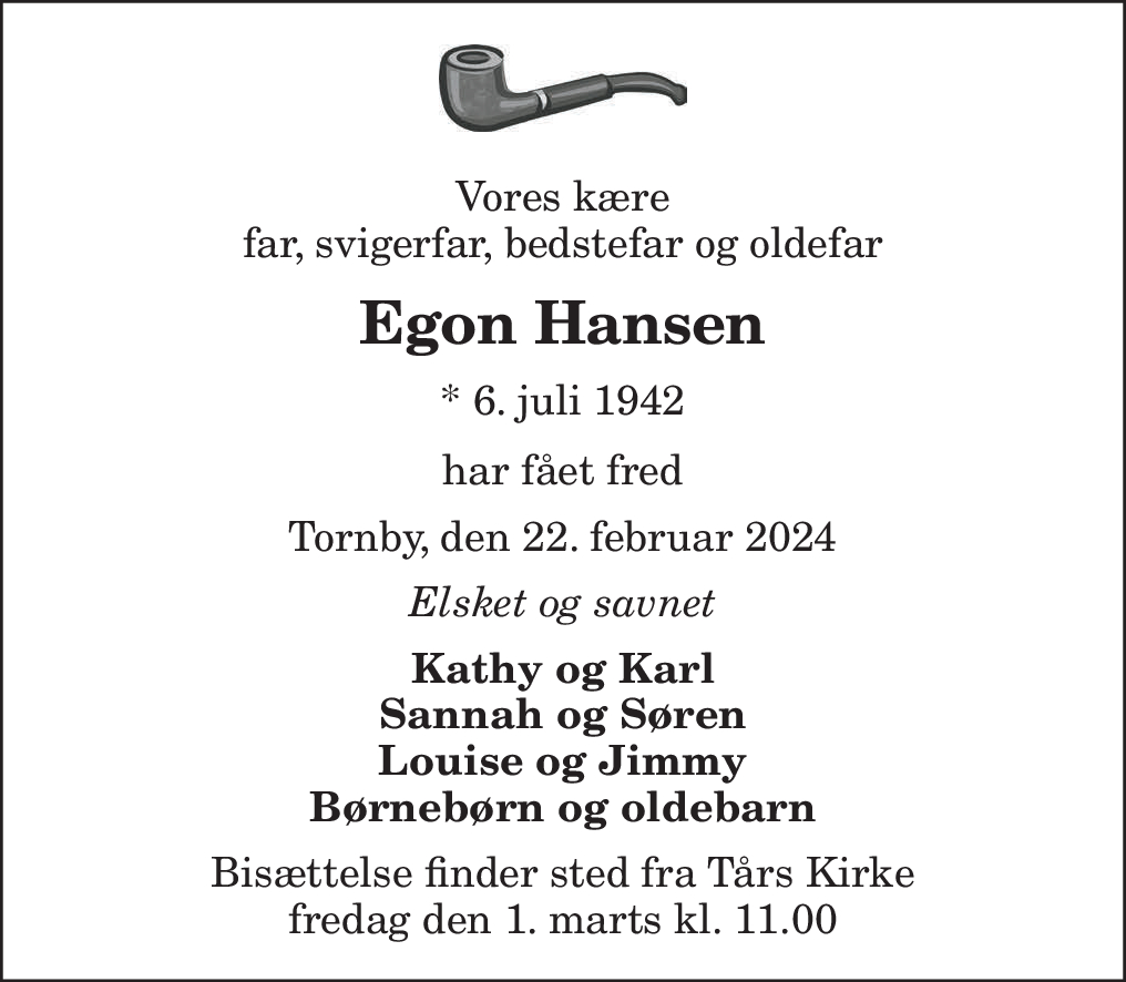 Dødsannonce for Egon Hansen | Nordjyske.dk