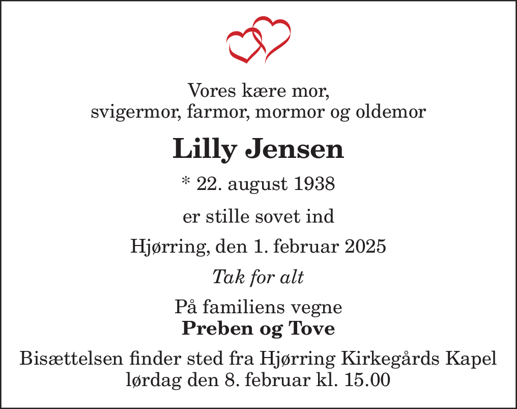 Dødsannonce for Lilly Jensen | Nordjyske.dk