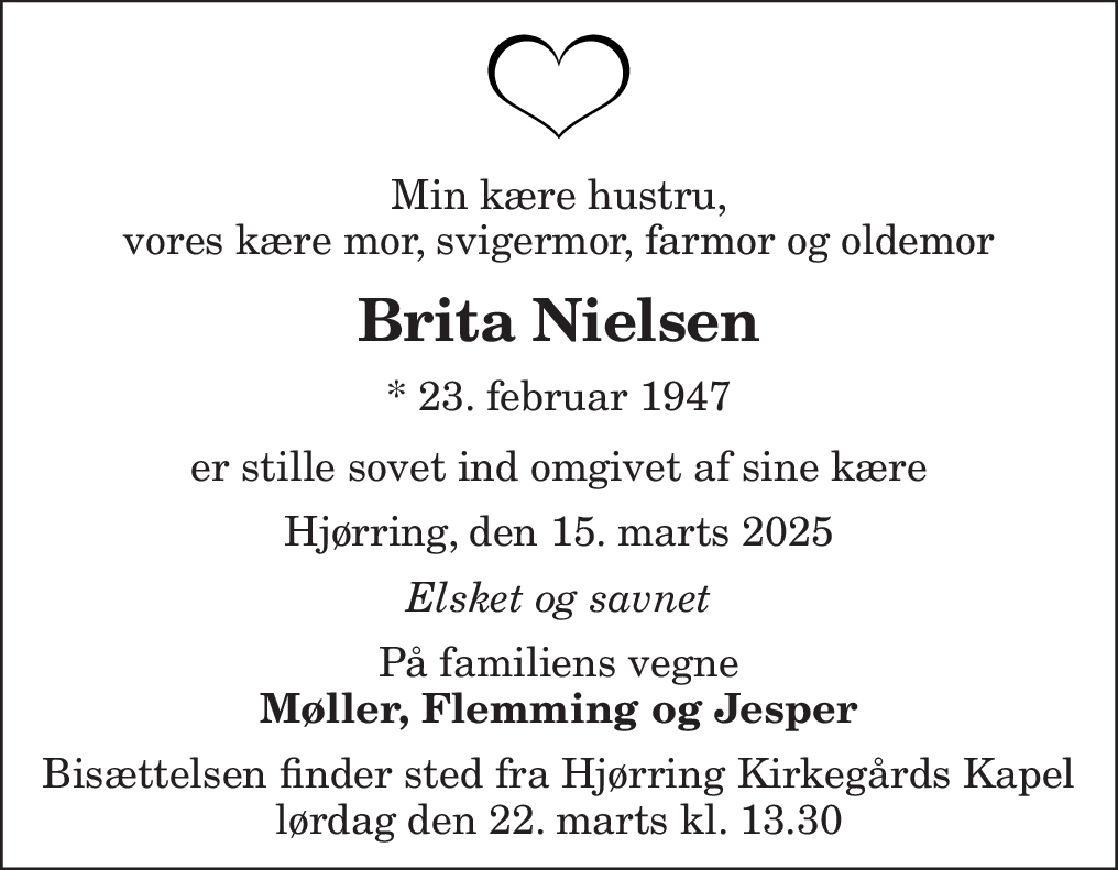 Dødsannonce for Brita Nielsen | Nordjyske.dk