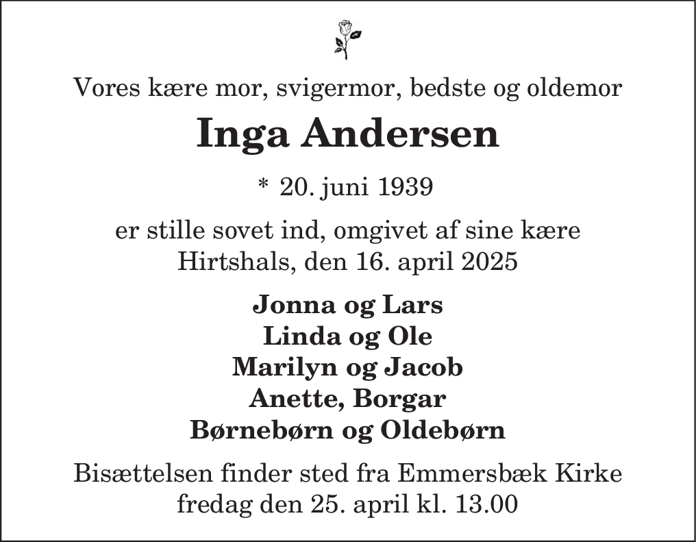 Dødsannonce for Inga Andersen | Nordjyske.dk