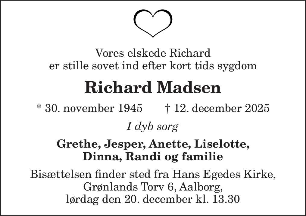 Dødsannonce for Richard Madsen | Nordjyske.dk