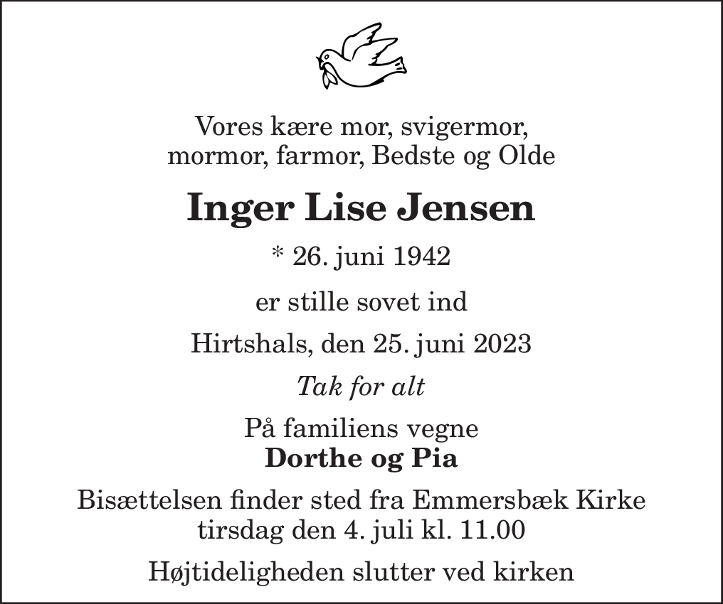Dødsannonce for Inger Lise Jensen | Nordjyske.dk