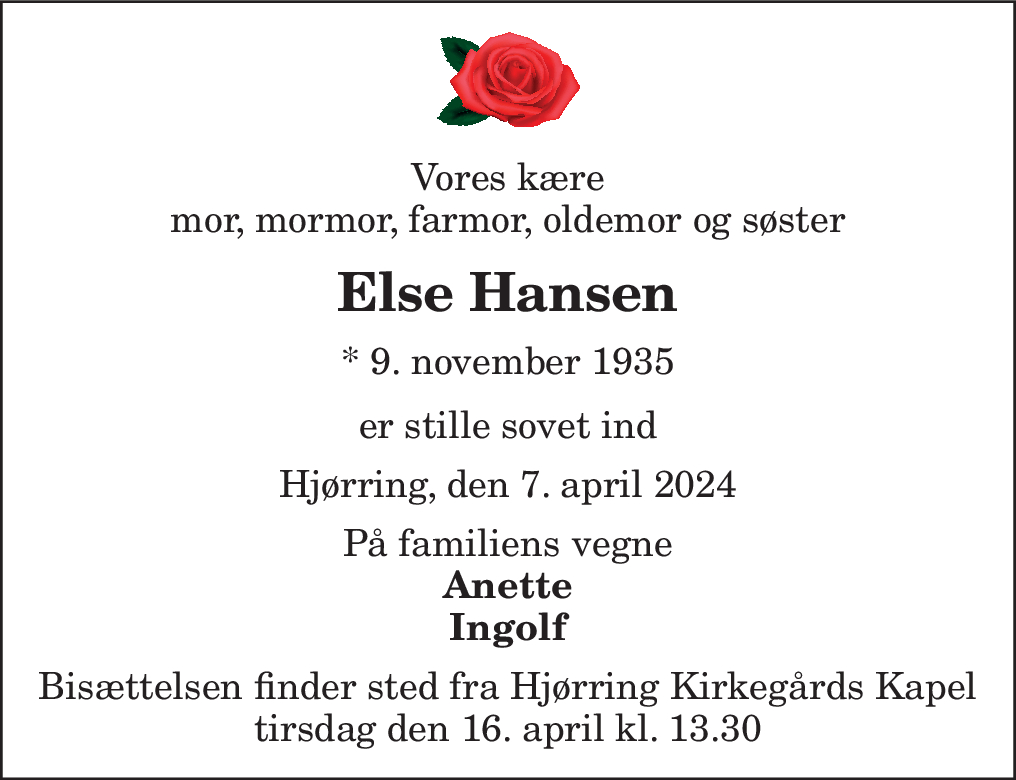 Dødsannonce for Else Hansen | Nordjyske.dk