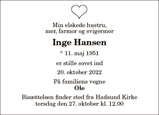 Dødsannonce for Inge Hansen | Nordjyske.dk