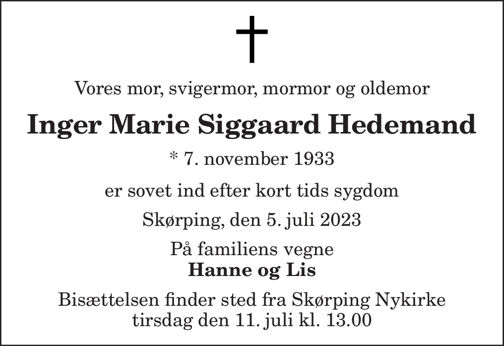 Dødsannonce for Inger Marie Siggaard Hedemand | Nordjyske.dk