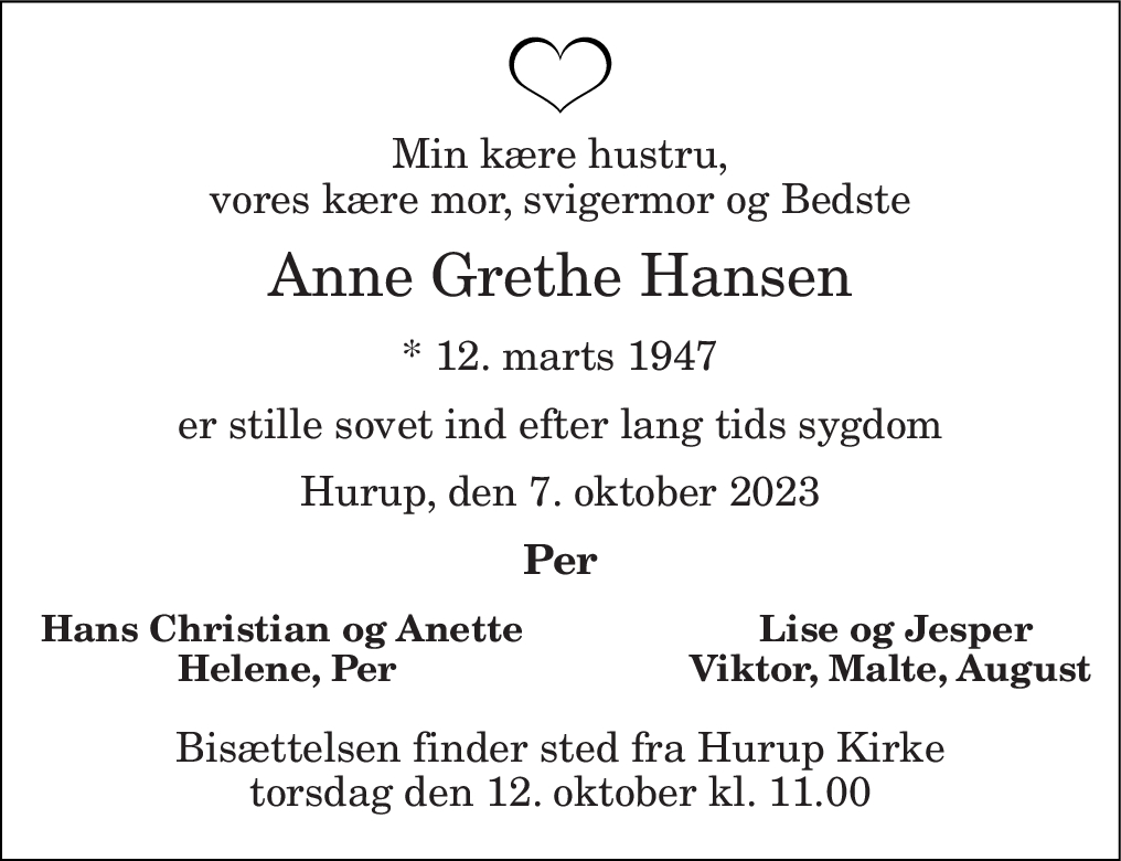 Dødsannonce for Anne Grethe Hansen | Nordjyske.dk