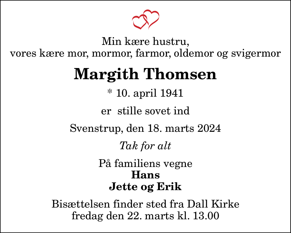 Dødsannonce for Margith Thomsen | Nordjyske.dk