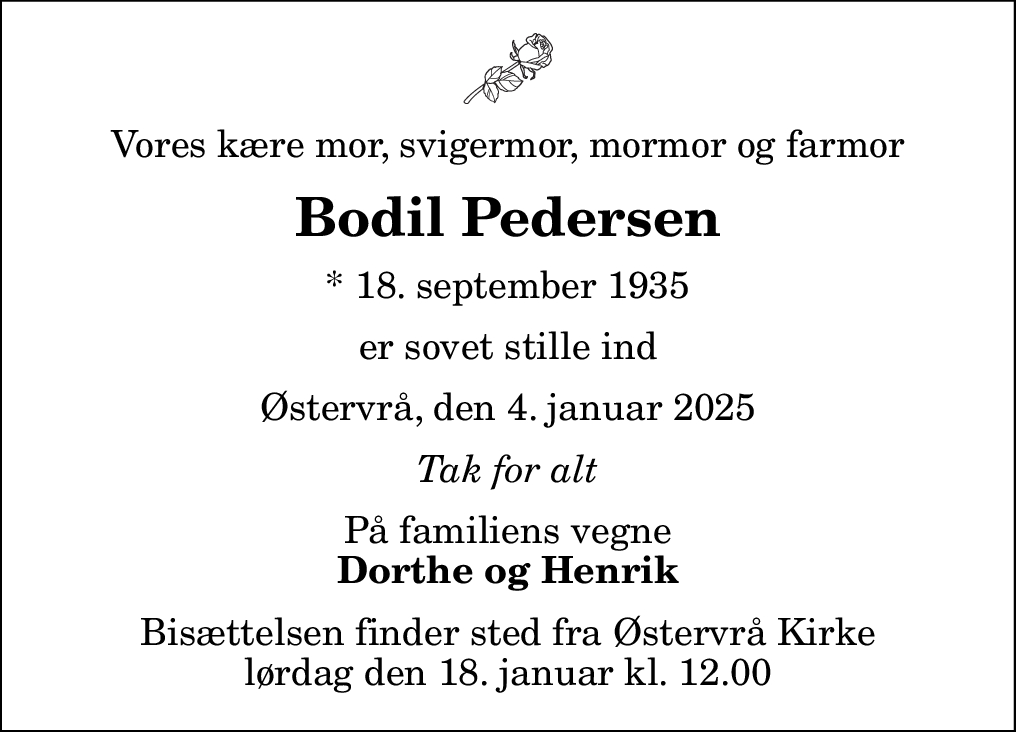 Dødsannonce for Bodil Pedersen | Nordjyske.dk