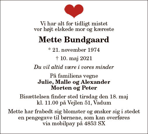 Dødsannonce for Mette Bundgaard | Nordjyske.dk