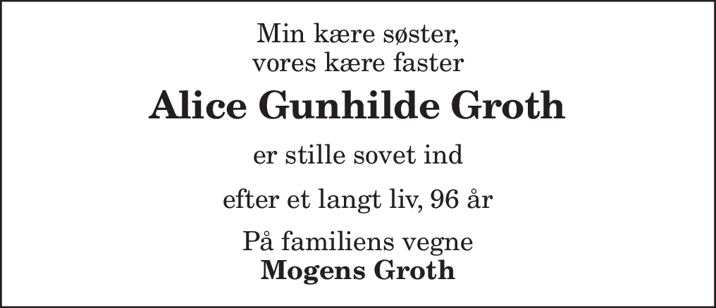 Dødsannonce for Alice Gunhilde Groth | Nordjyske.dk