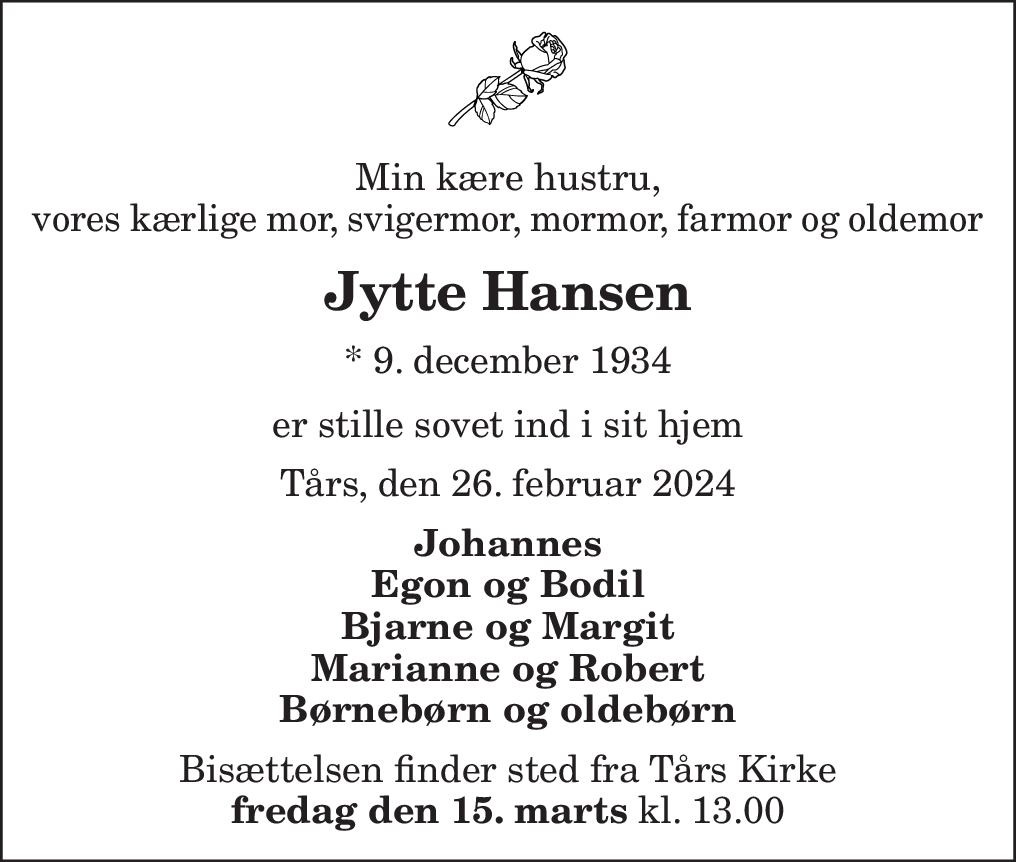 Dødsannonce for Jytte Hansen | Nordjyske.dk