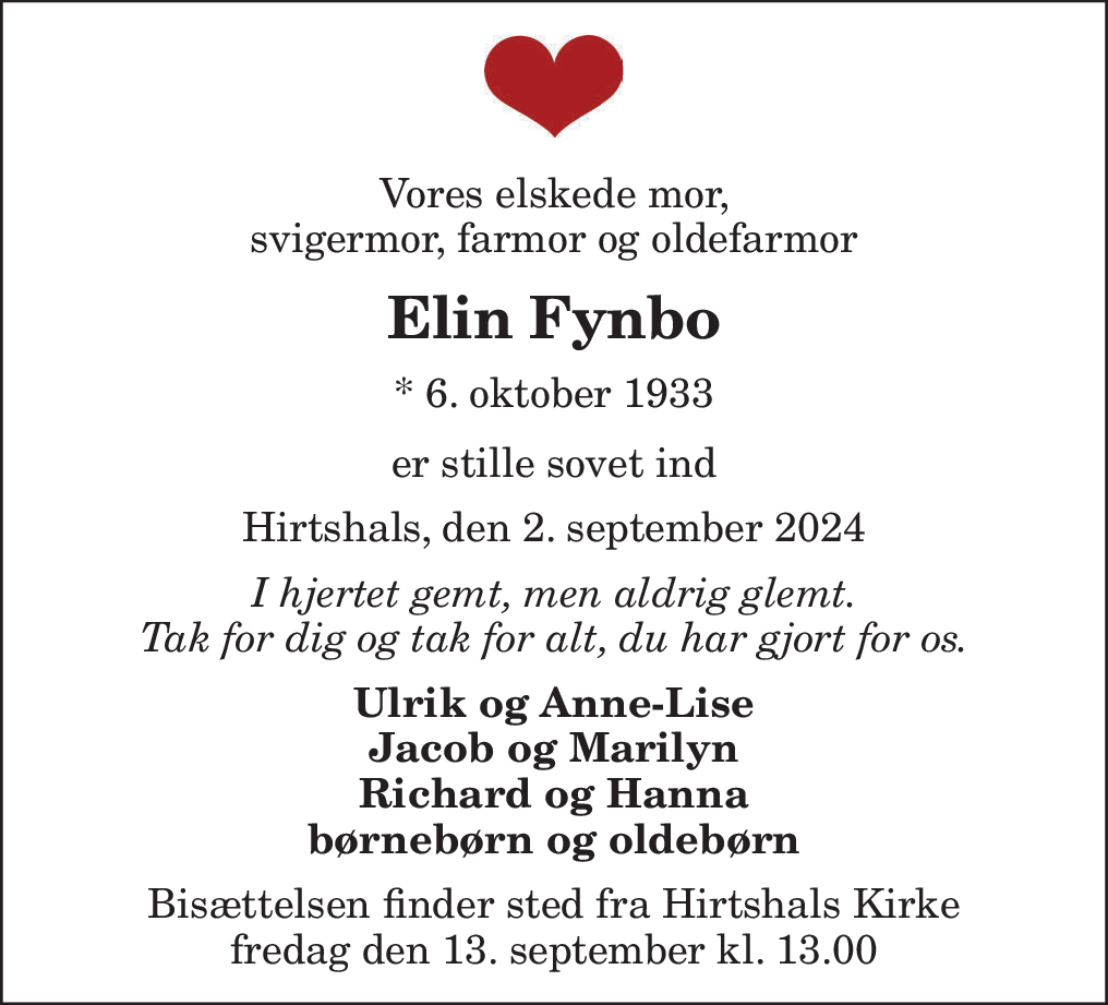Dødsannonce for Elin Fynbo | Nordjyske.dk