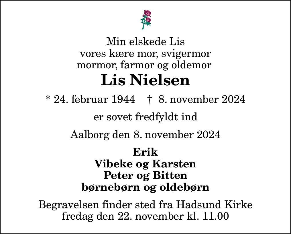 Dødsannonce for Lis Nielsen | Nordjyske.dk