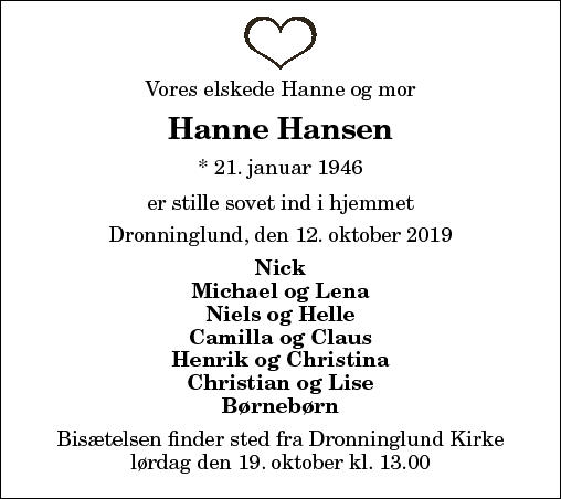 Dødsannonce for Hanne Hansen | Nordjyske.dk