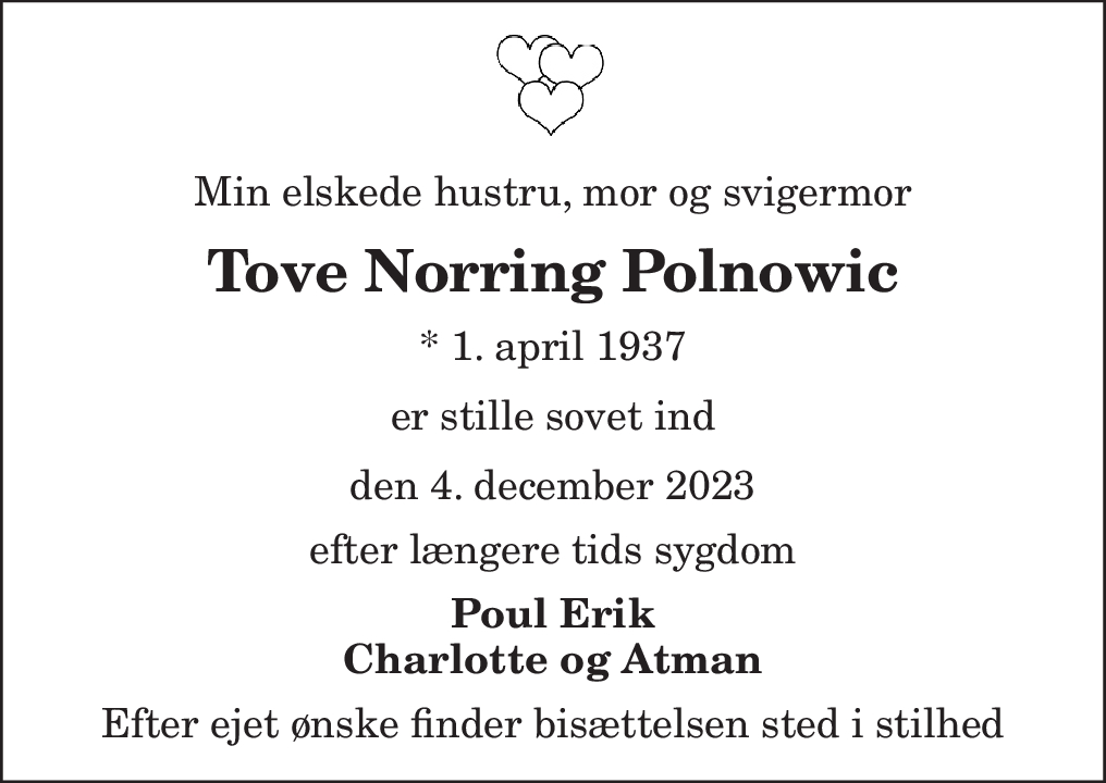 Dødsannonce for Tove Norring Polnowic | Nordjyske.dk