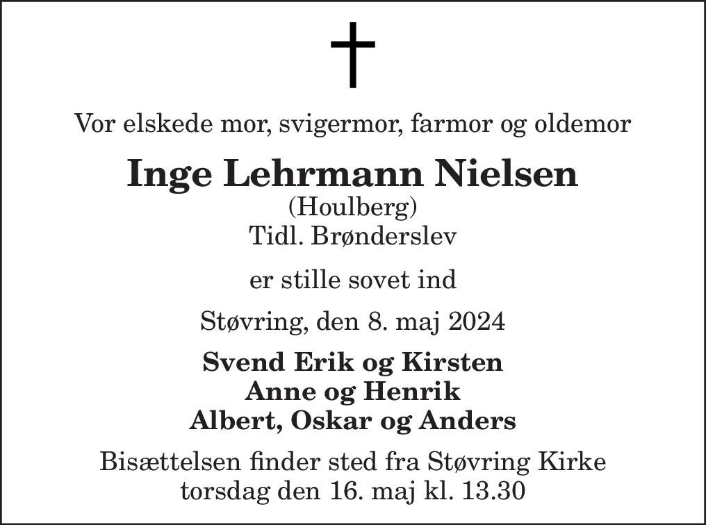 Dødsannonce for Inge Lehrmann Nielsen | Nordjyske.dk