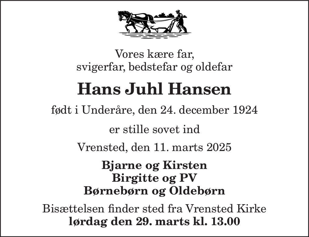 Dødsannonce for Hans Juhl Hansen | Nordjyske.dk