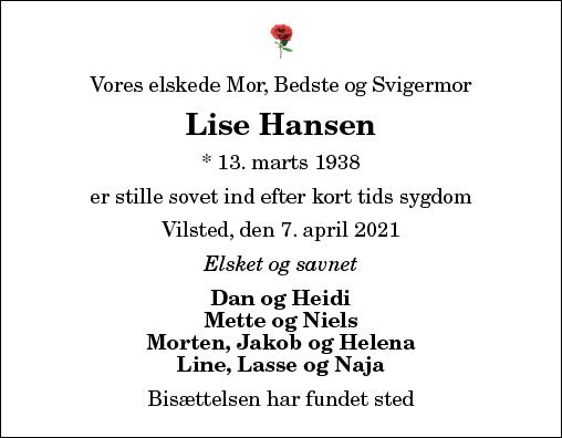 Dødsannonce for Lise Hansen | Nordjyske.dk
