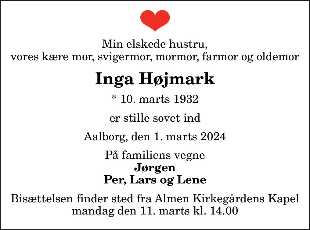 Dødsannonce for Inga Højmark | Nordjyske.dk